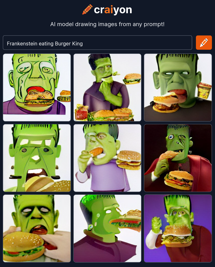 (Dall-E Mini) Frankenstein eating a Whopper by SebGroupArts2009