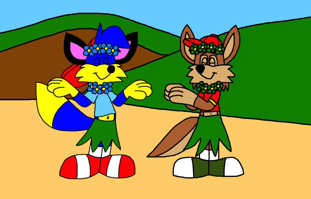 Alex and Brucie in Hula at the Beach by CartoonFoxArt2002