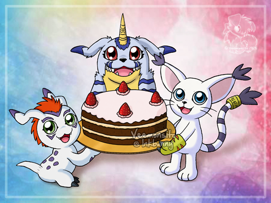 [Commission] Digimon holding a cake by Veemonsito
